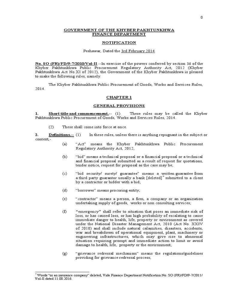 Khyber Pakhtunkhwa Procurement Rules 2014 | PDF | Procurement ...