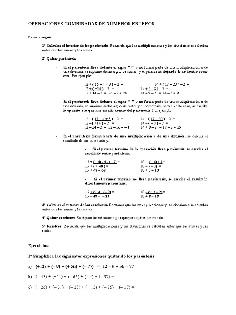 Operaciones Combinadas de Numeros Enteros2 | PDF | Multiplicación | Soporte