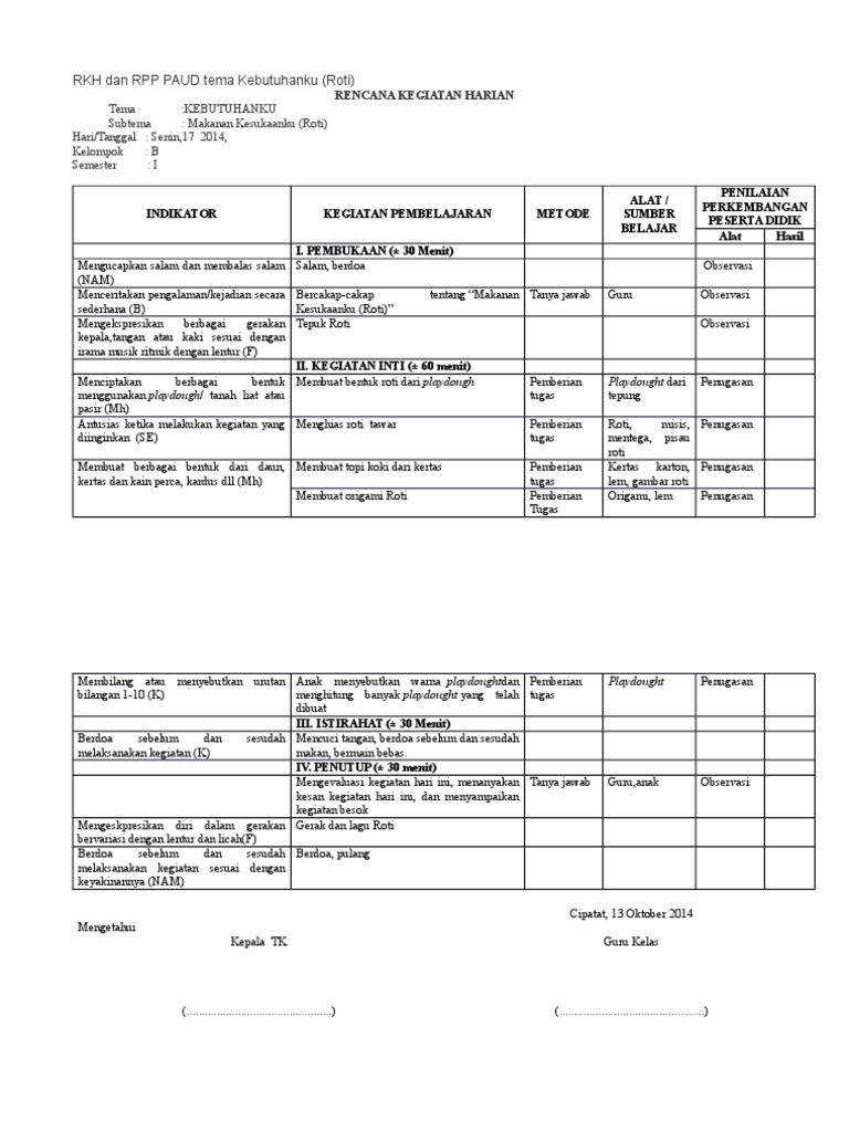 RKH Dan RPP PAUD Tema Kebutuhanku | PDF