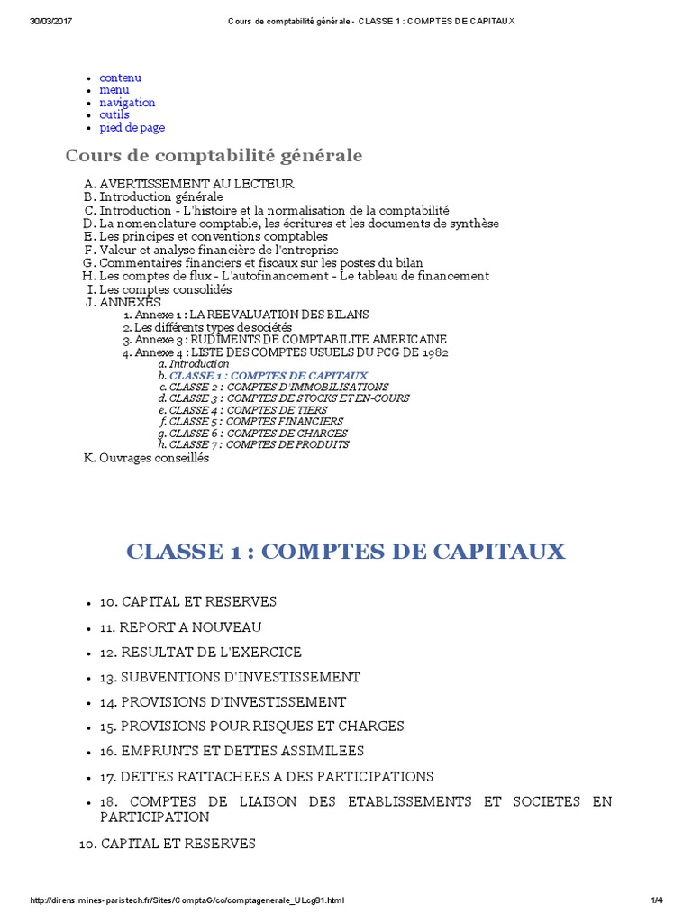 Cours de Comptabilité Générale - CLASSE 1 - COMPTES DE CAPITAUX PDF ...