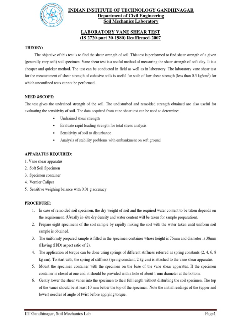 Vane Shear Test Lab Manual | PDF | Soil Mechanics | Strength Of Materials