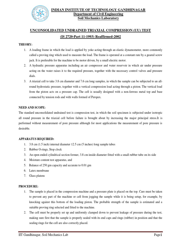 UU Triaxial Test - Lab Manual | PDF | Soil Mechanics | Deformation ...