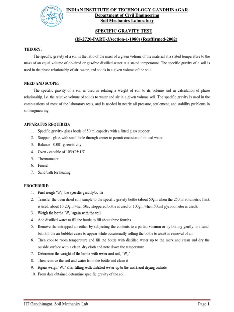 Specific Gravity Test Lab Manual | PDF | Distillation | Soil