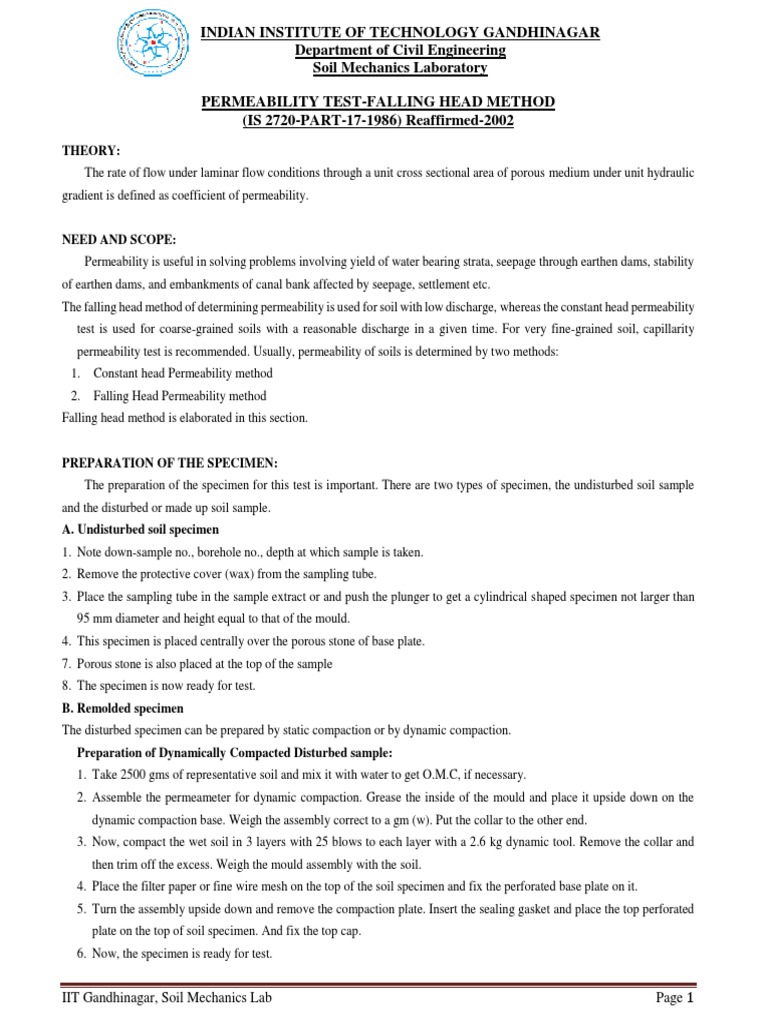 Falling Head Permeability Test Lab Manual | PDF | Soil Mechanics ...