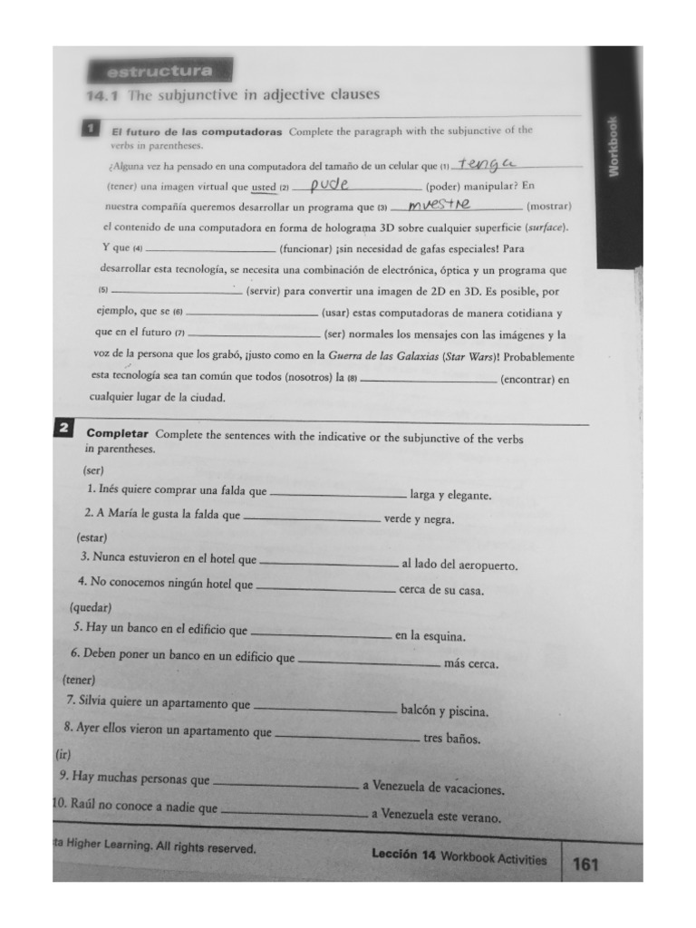 Spanish Vistas Estructura Lesson 14 WB | PDF