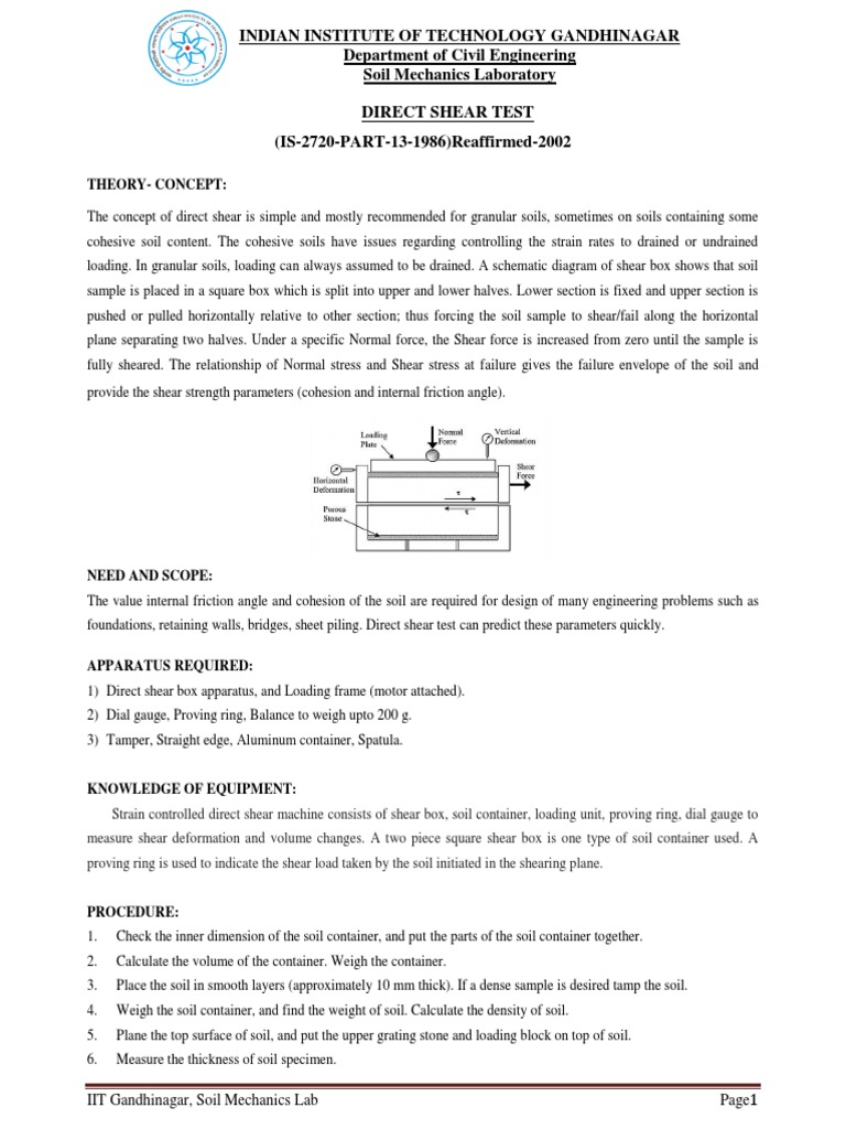 Direct Shear Test Procedure for Soil | PDF | Soil Mechanics | Stress ...