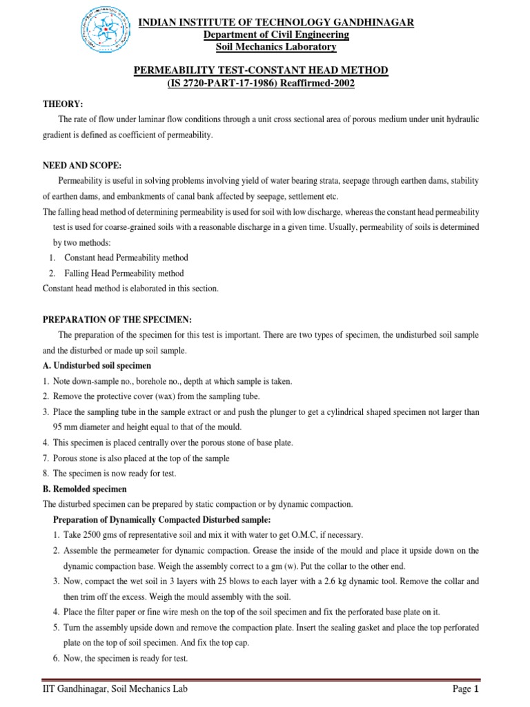 Constant Head Permeability Test Guide | PDF | Soil Mechanics ...