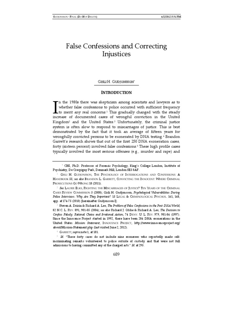 Gudjonsson: False Confessions and Correcting Injustices | PDF ...