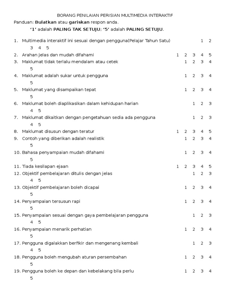 Contoh Borang Penilaian Perisian Multimedia Interaktif | PDF