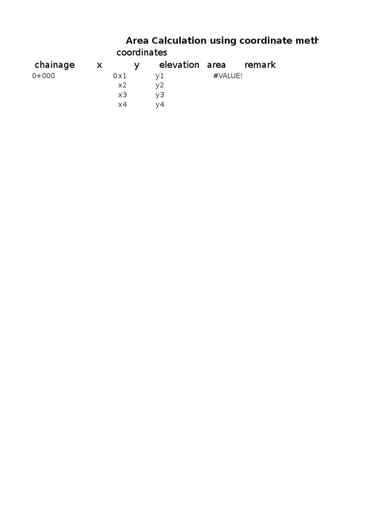 Chainage Coordinates X y Elevation Area Remark: Area Calculation Using ...