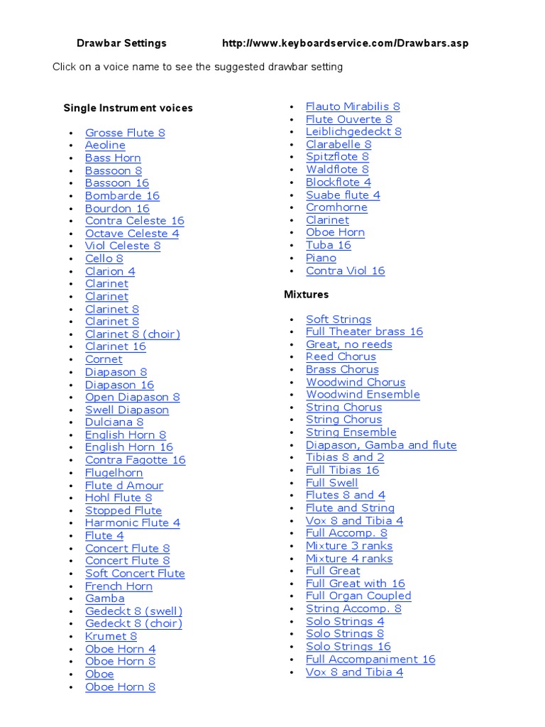 Hammond Organ - Drawbar Settings | PDF | Clarinet | Flute
