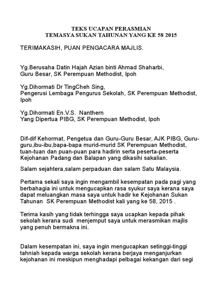Teks Ucapan Perasmian Hari Sukan | PDF
