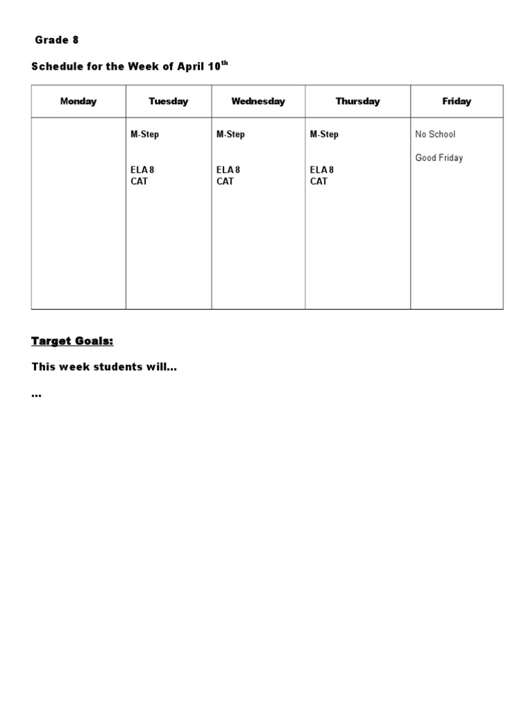 Grade 8 Weekly Schedule: April 10th | PDF