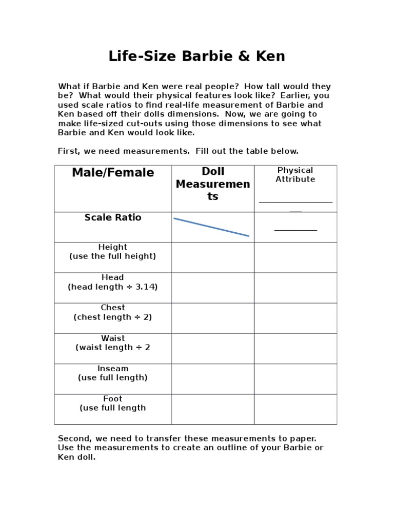 Life Size Barbie Ken Measurement Sheet | PDF