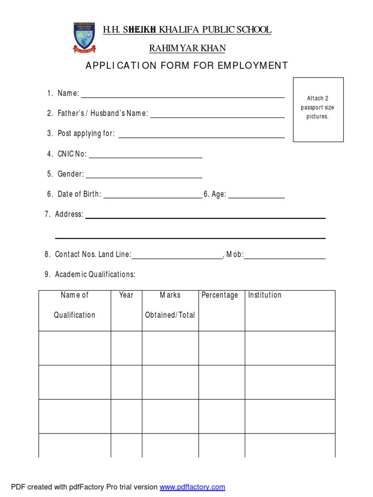 H.H. Sheikh Khalifa Public School: Application Form For Employment | PDF