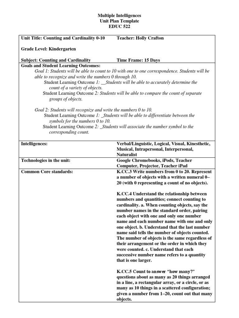 Multiple Intelligence Unit Plan | PDF | Common Core State Standards ...