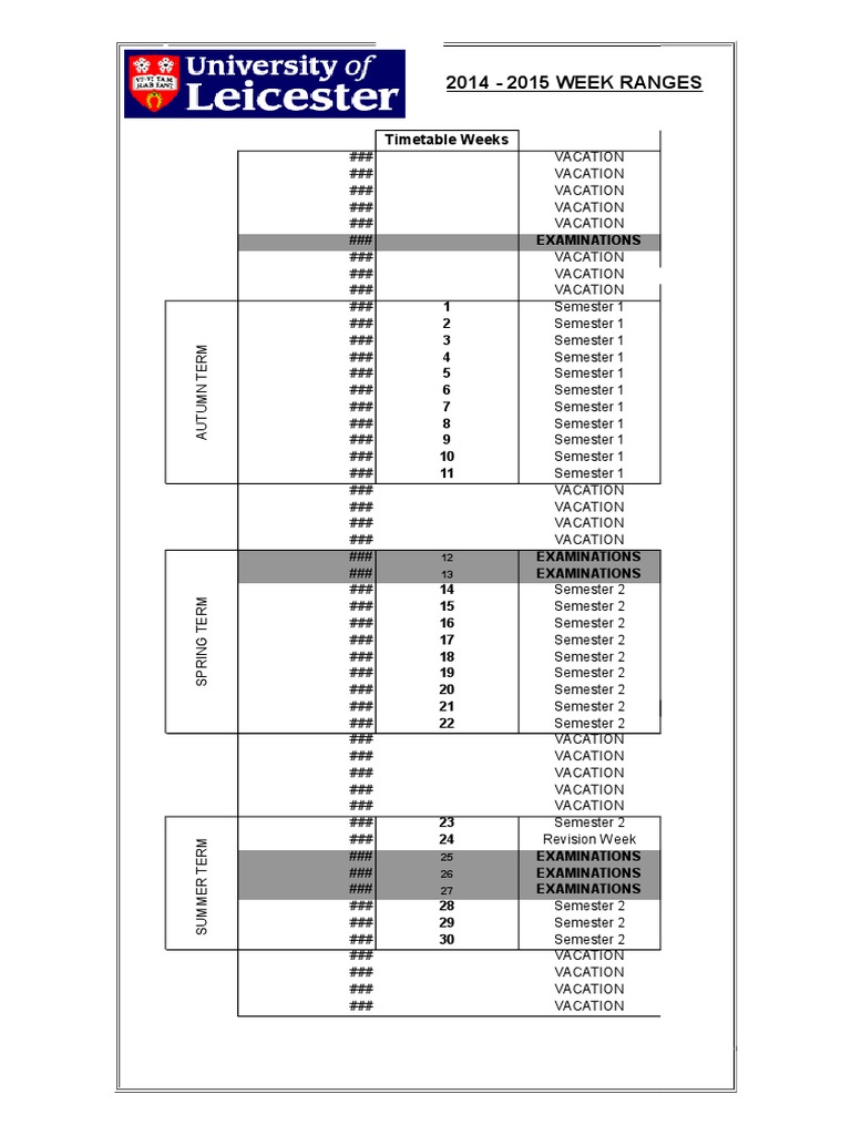 2014 - 2015 WEEK RANGES: Timetable Weeks | PDF | Academic Term | Schools