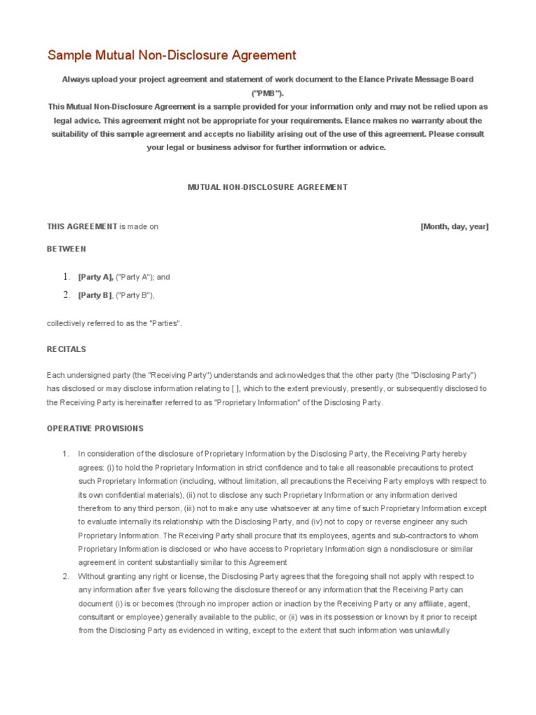 Sample Mutual Non-Disclosure Agreement | PDF | Non Disclosure Agreement ...
