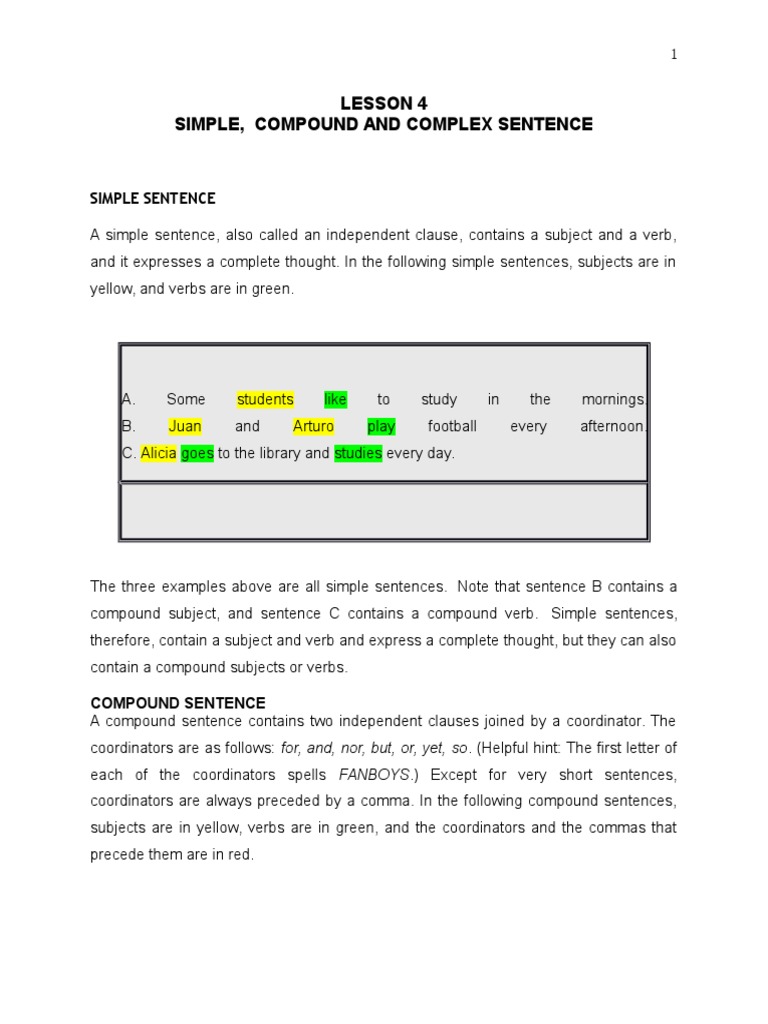 Sentence Types: Simple, Compound, Complex | PDF | Subject (Grammar ...