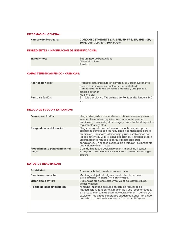 Hoja MSDS Cordón Detonante | PDF | Material explosivo | Primeros auxilios