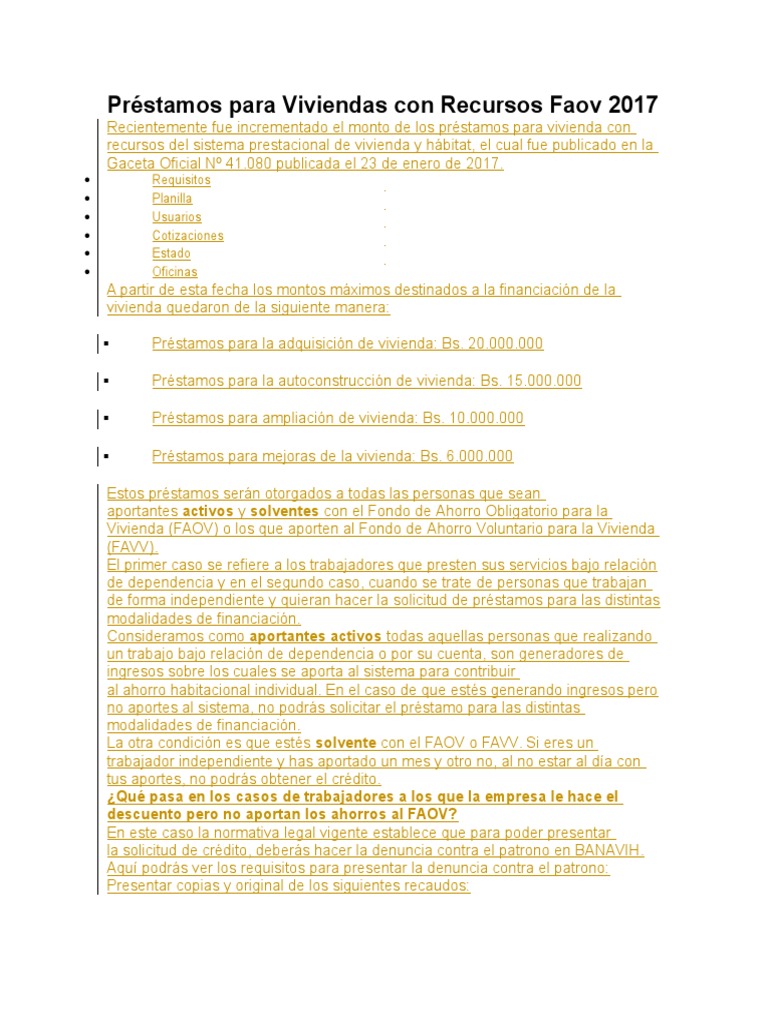Préstamos FAOV 2017: Guía y Requisitos | PDF | Salario mínimo | Interés
