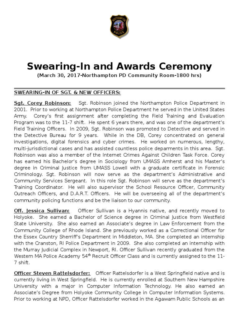 Northampton Police Swearing-In and Awards Ceremony-March 30, 2017 | PDF ...