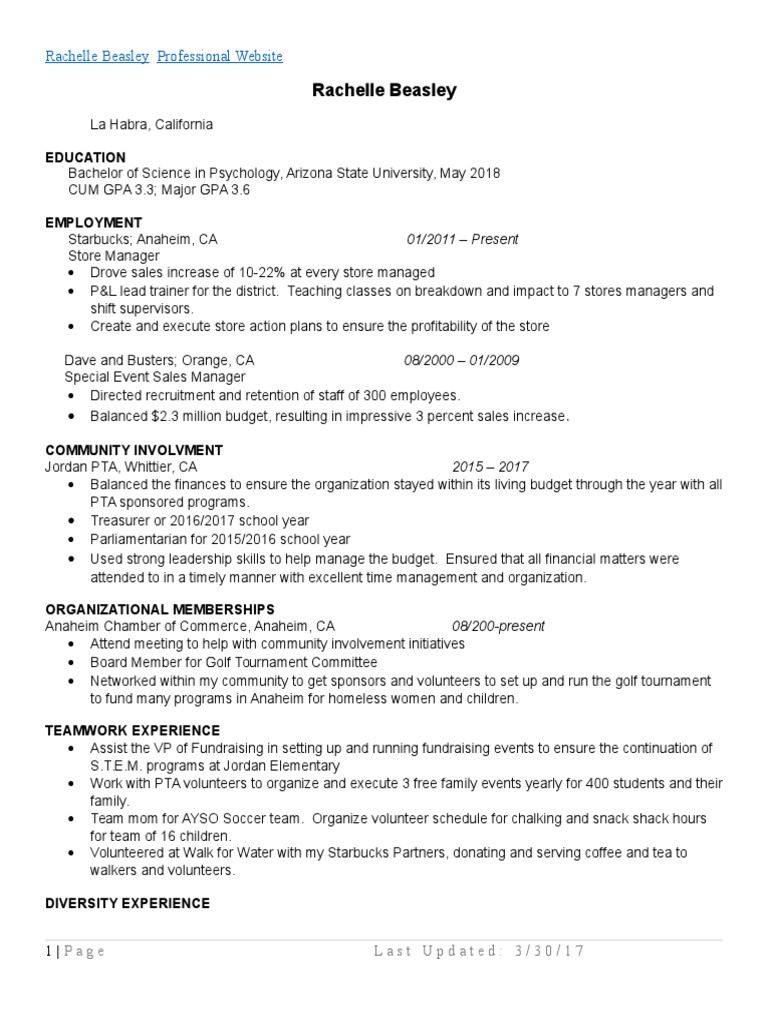 Resume Rachelle Beasley | PDF | Starbucks | Employee Retention