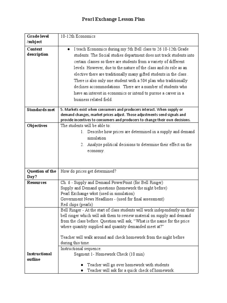 Pearlexchangelessonplan | PDF | Supply And Demand | Economics