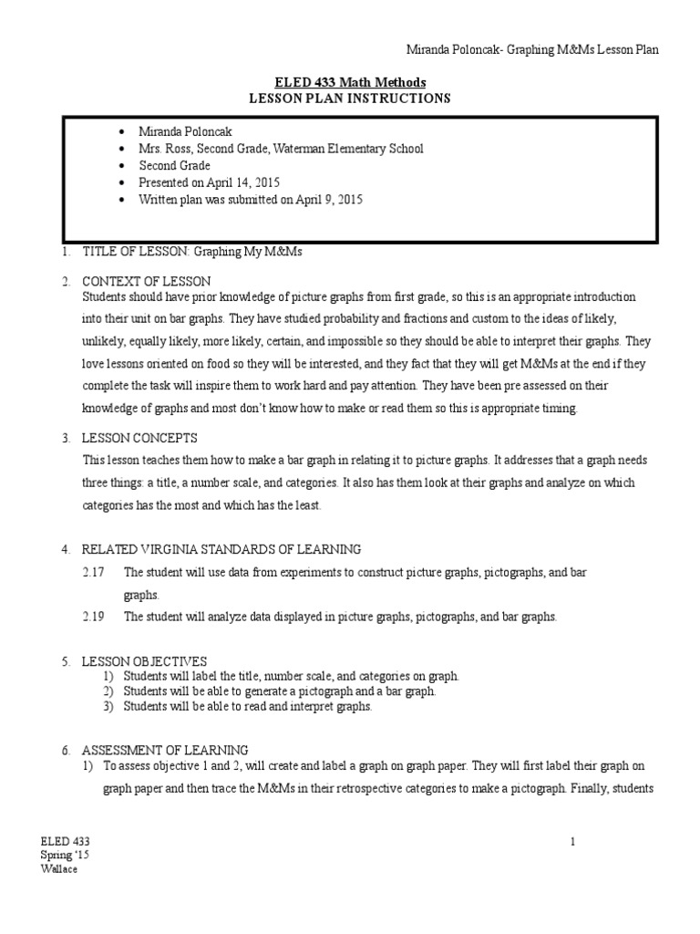 ELED 433 Math Methods Lesson Plan Instructions | PDF | Lesson Plan ...