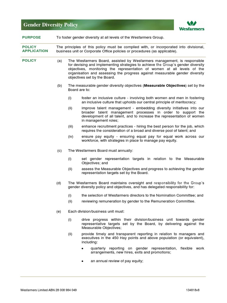 Gender Diversity Policy: Purpose Policy Application Policy | PDF ...