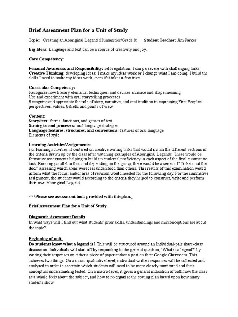 Brief Assessment Plan For A Unit of Study | PDF | Educational ...