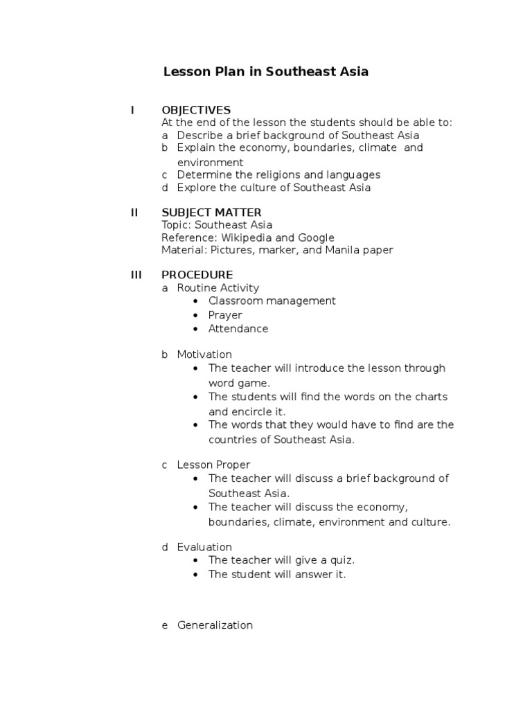 Lesson Plan in Southeast Asia | PDF