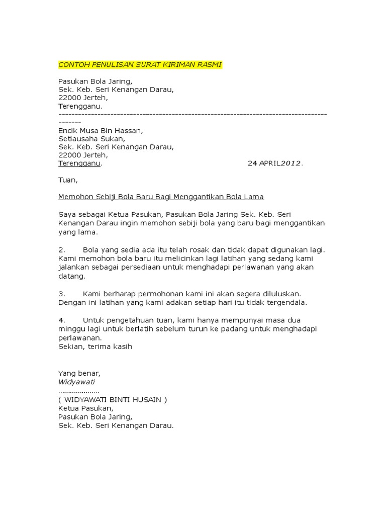 Contoh Penulisan Surat Kiriman Rasmi | PDF