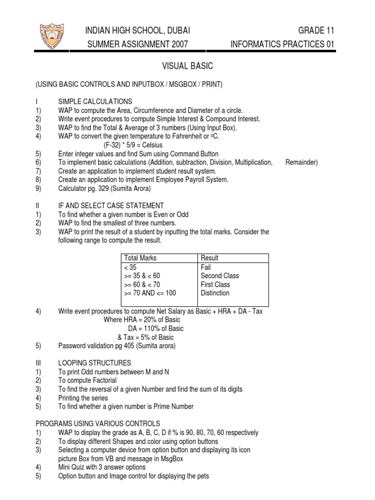 Grade 11 Visual Basic Summer Assignment | PDF | Icon (Computing ...