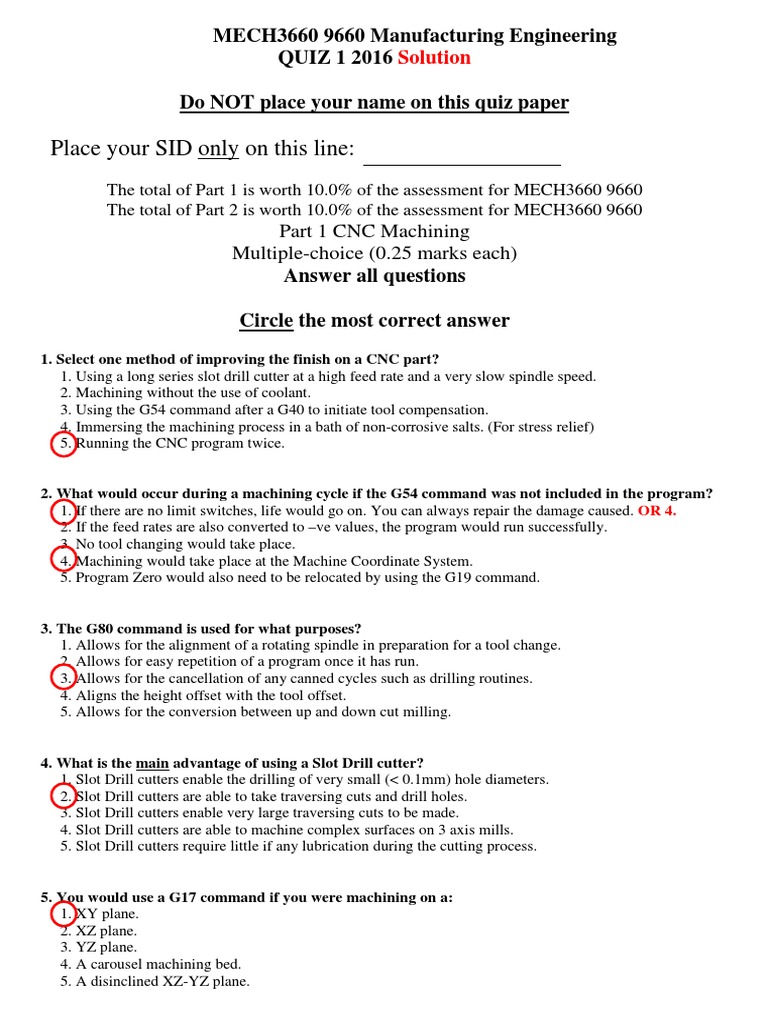 CNC Machining Quiz Solutions | PDF | Machining | Numerical Control
