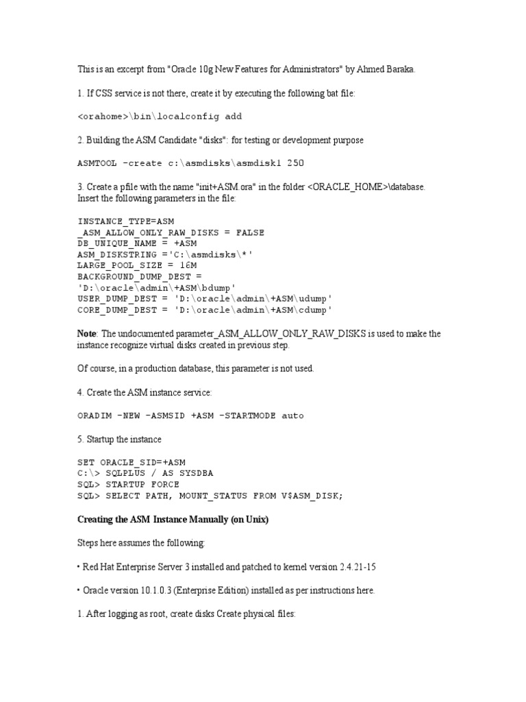 Oracle 10g New Features for Administrators Excerpt on Creating ASM Instance | PDF | Oracle ...