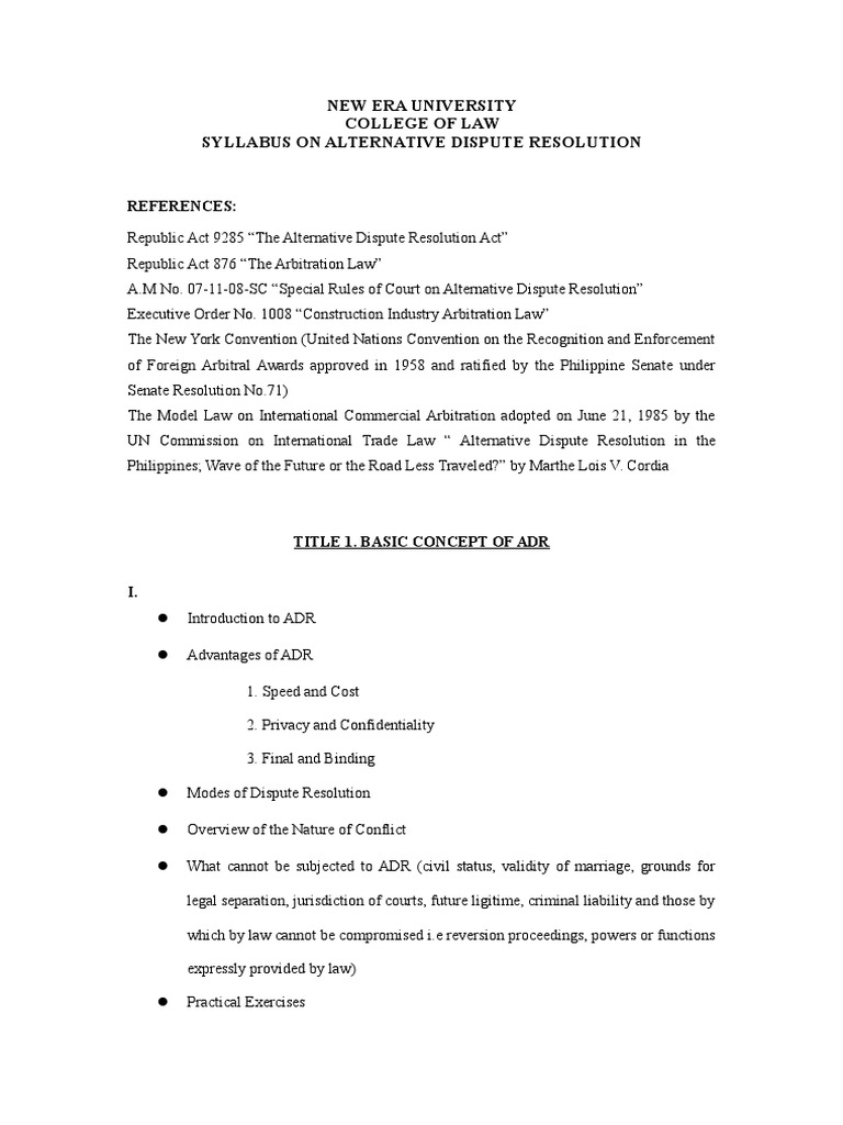 Alternative Dispute Resolution-Syllabus | PDF | Mediation | Alternative Dispute Resolution