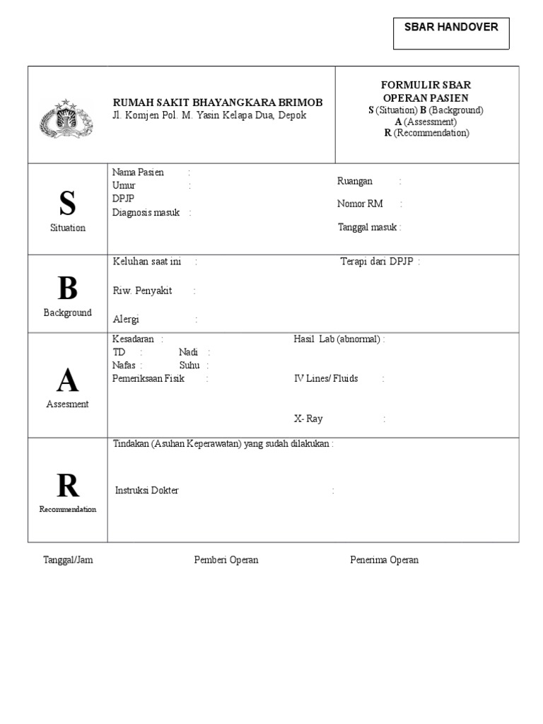 Formulir SBAR Operan Pasien Keperawatan | PDF