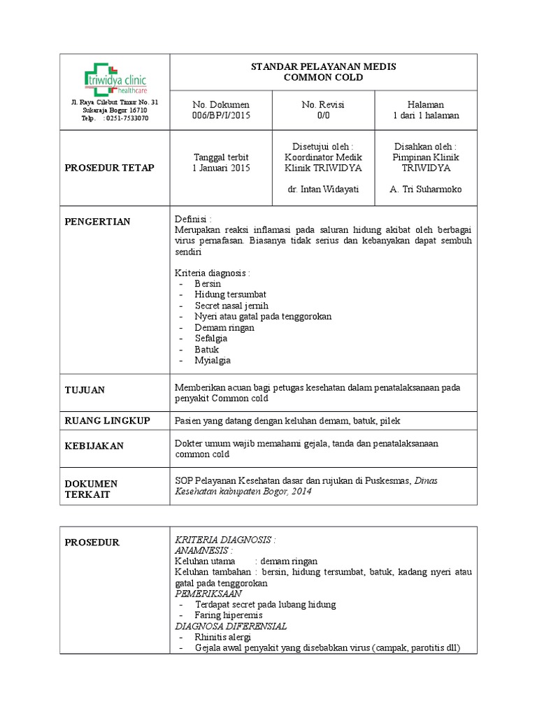 009 Sop Common Cold | PDF