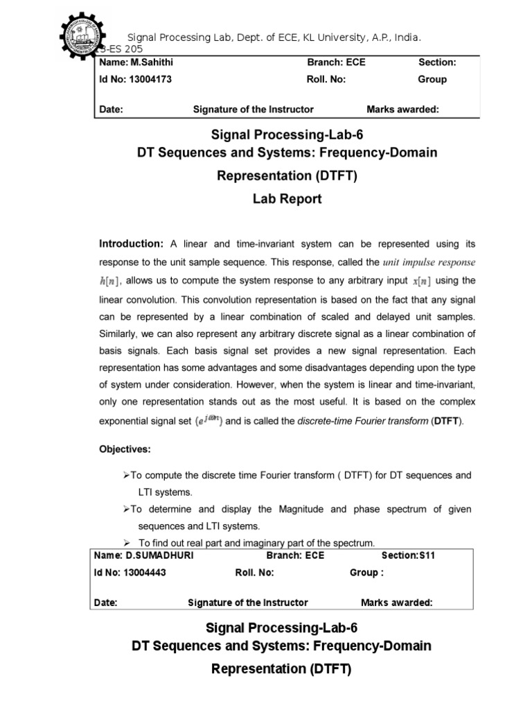 Signal Processing Lab, Dept. of ECE, KL University, A.P., India. 13-ES ...