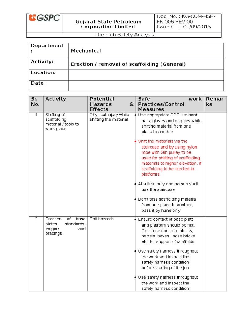JSA for Erection and Removal of Scaffolding | PDF | Scaffolding | Safety