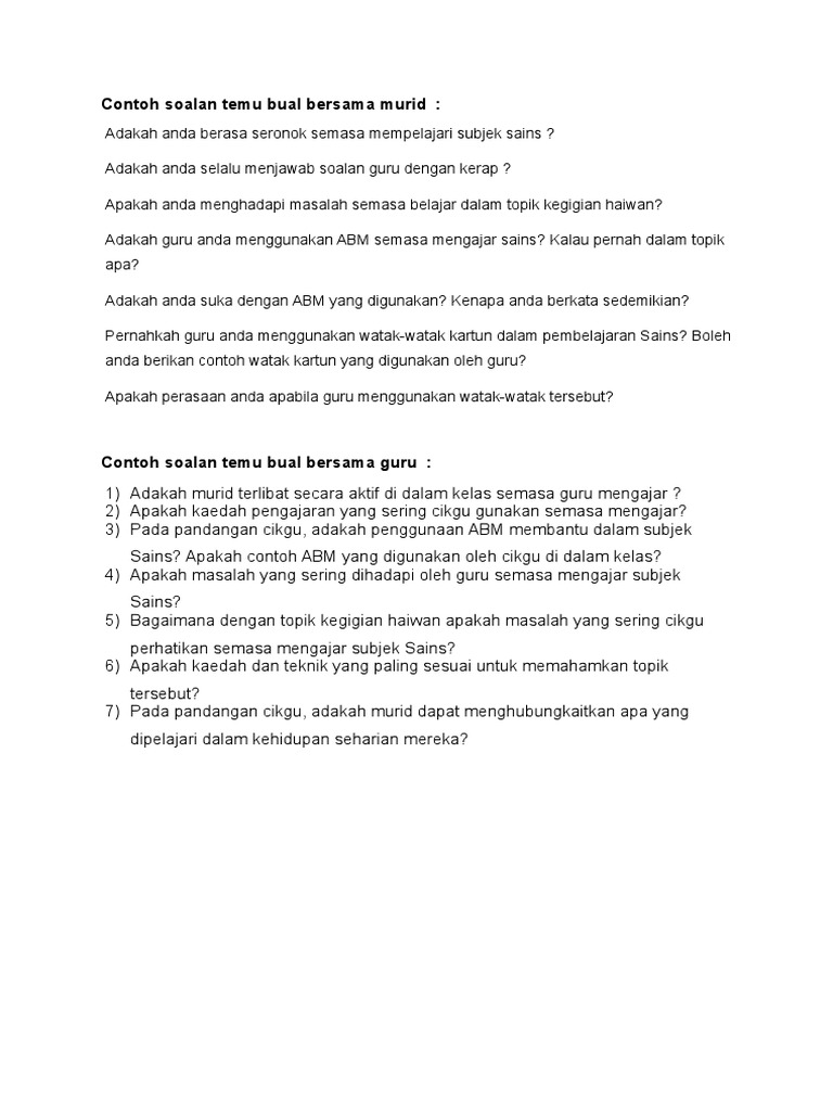 Contoh Soalan Temu Bual Bersama Murid | PDF