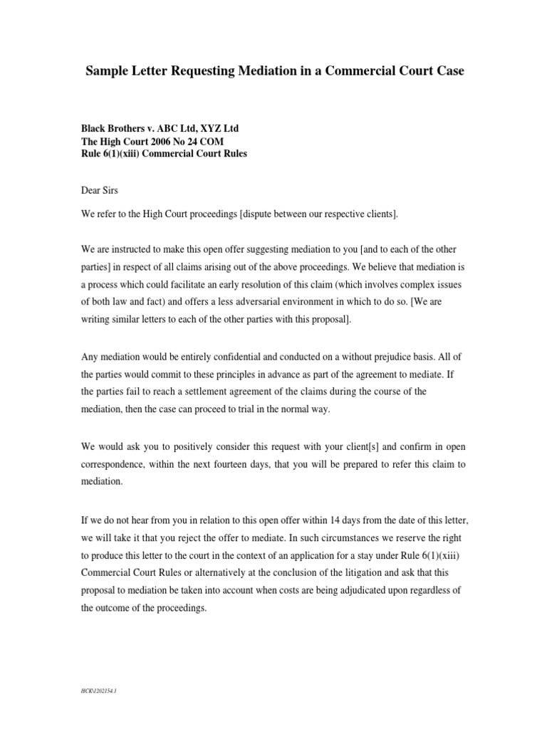 Sample Letter Requesting Mediation in A Commercial Court Case | PDF ...