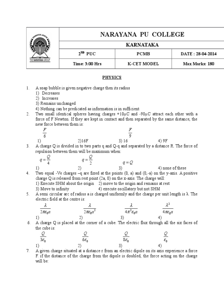 K-CET Physics Model Exam 2014 | PDF | Dna | Diffraction