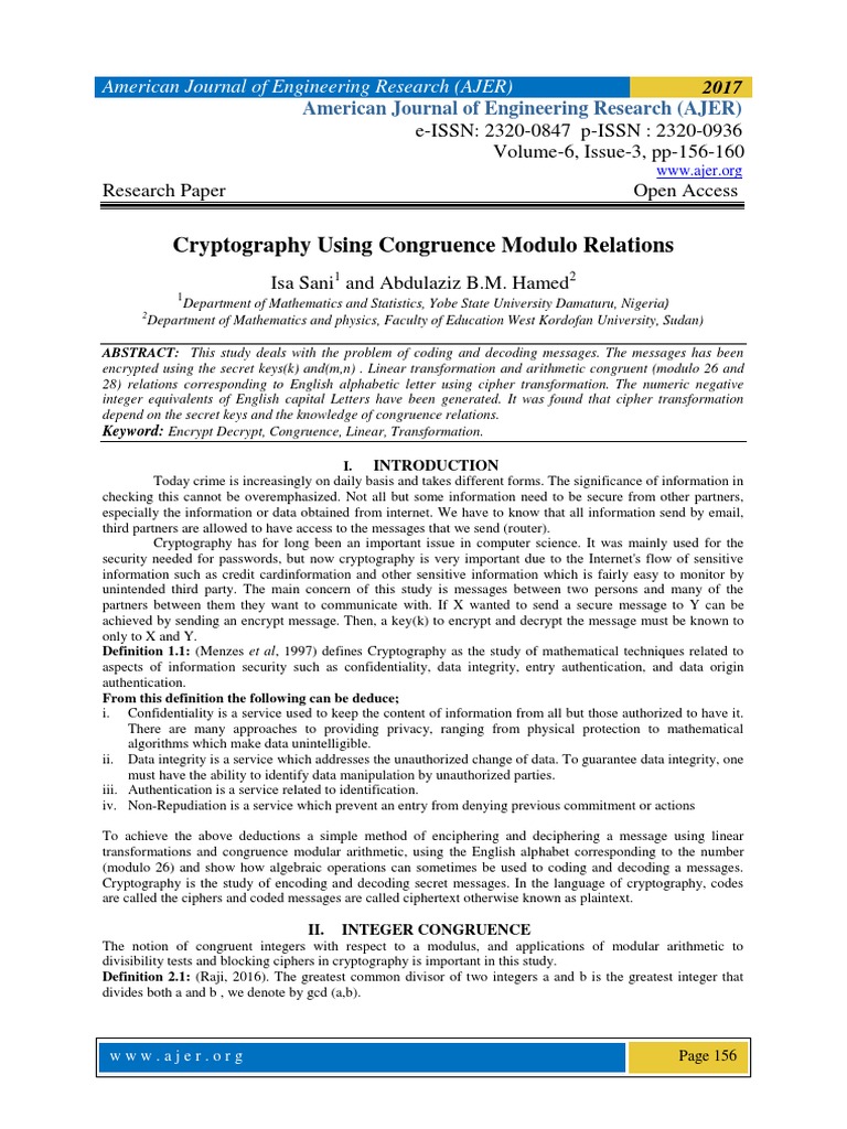 Cryptography Using Congruence Modulo Relations Pdf Cipher Cryptography