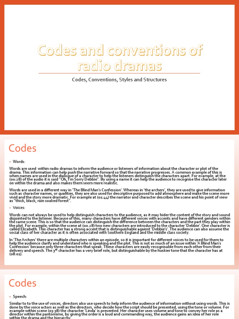 Codes and Conventions of Radio Dramas | PDF | Narration | Narrative