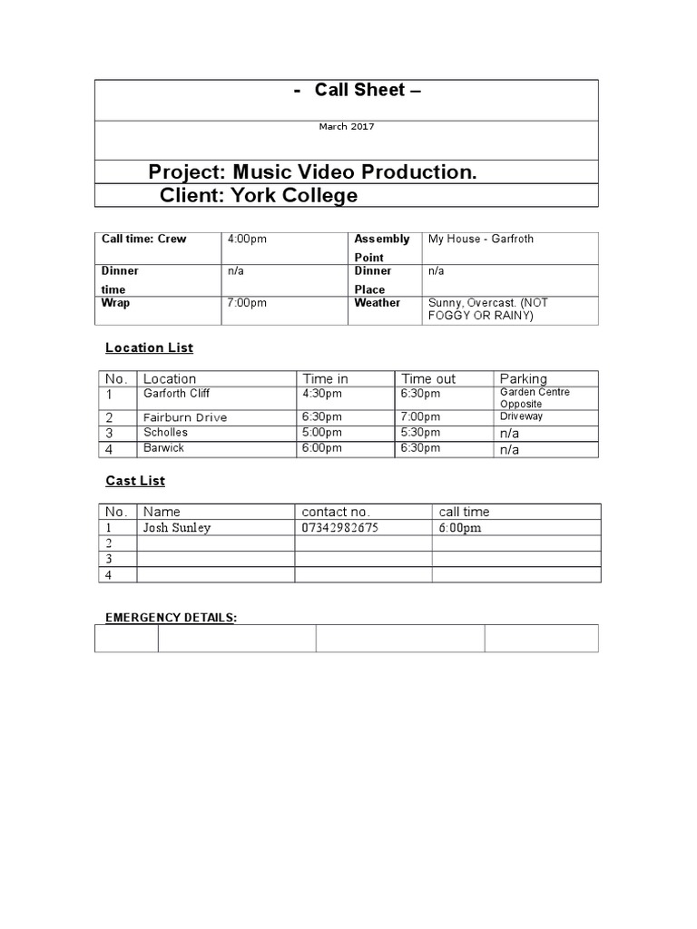 Project: Music Video Production. Client: York College: - Call Sheet | PDF