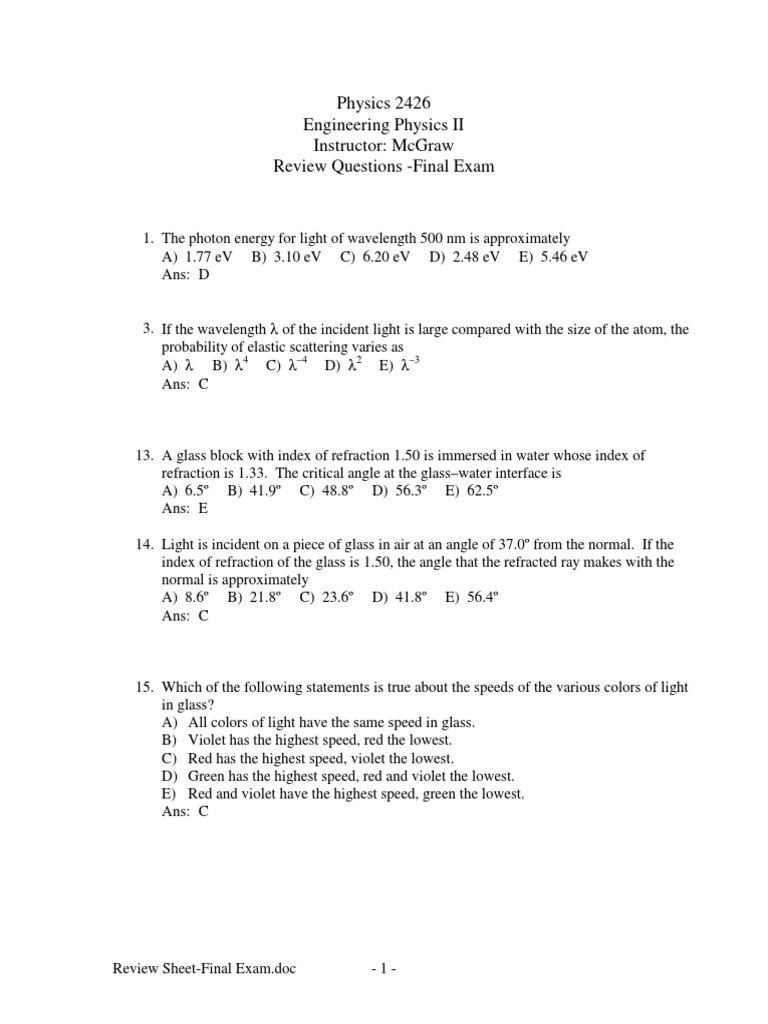 Review Sheet 2426 Final Exam | PDF | Lens (Optics) | Diffraction