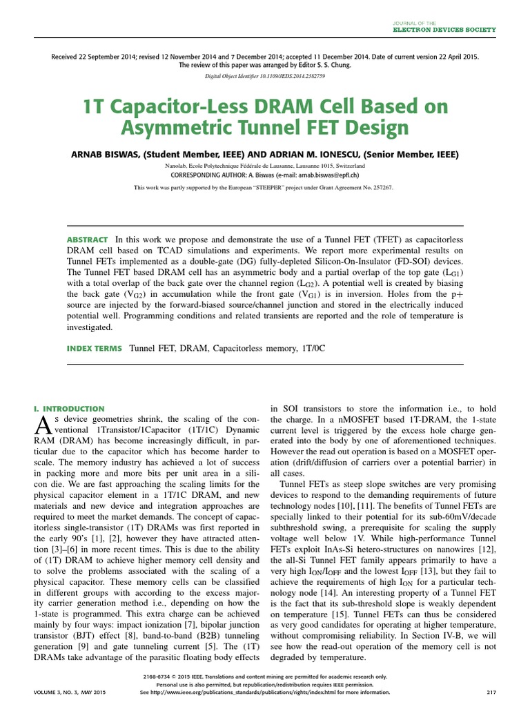 1T Capacitor-Less DRAM Cell Based On | PDF | Field Effect Transistor ...