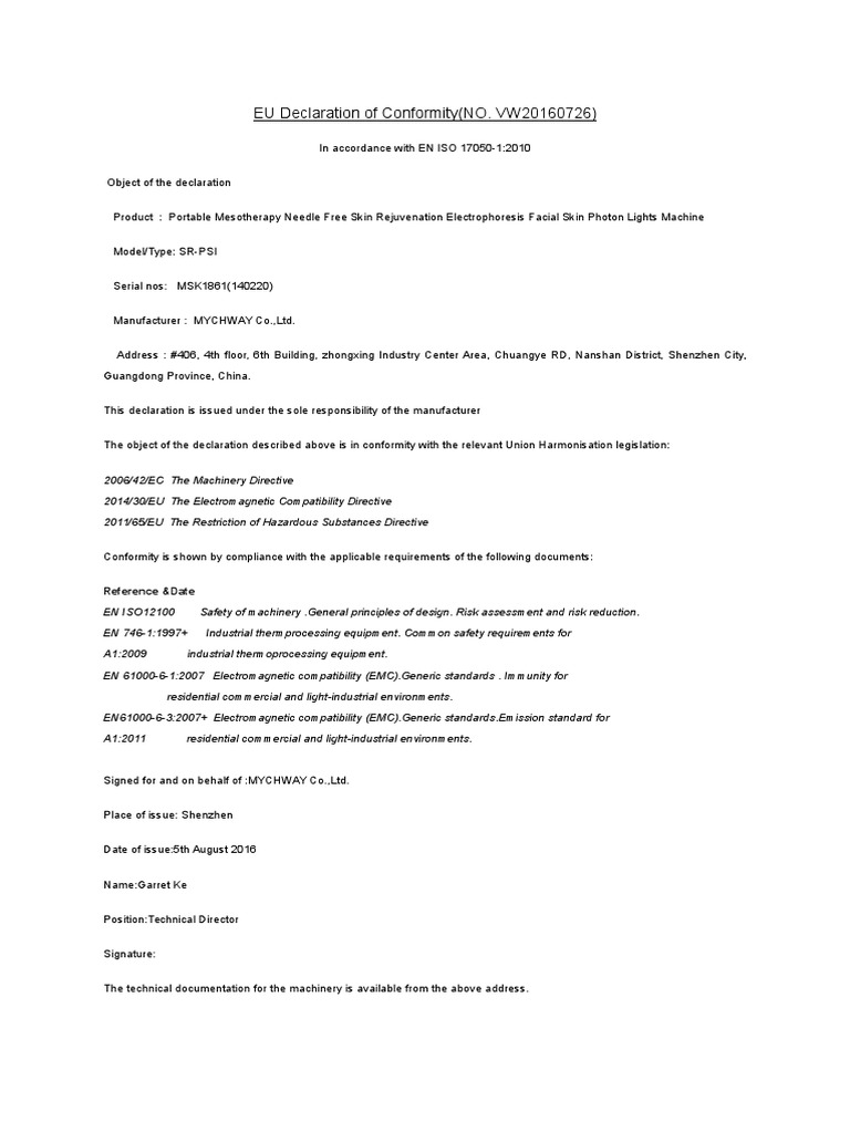 Ce Certificate Of Conformity Template